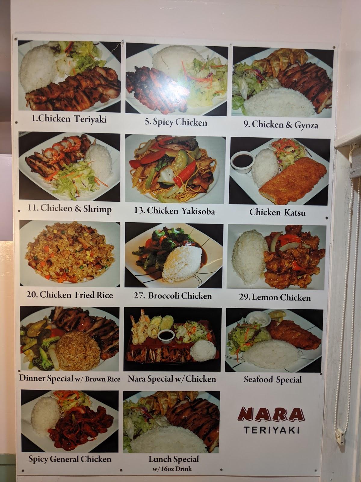 Menu at Nara Teriyaki restaurant, Newberg