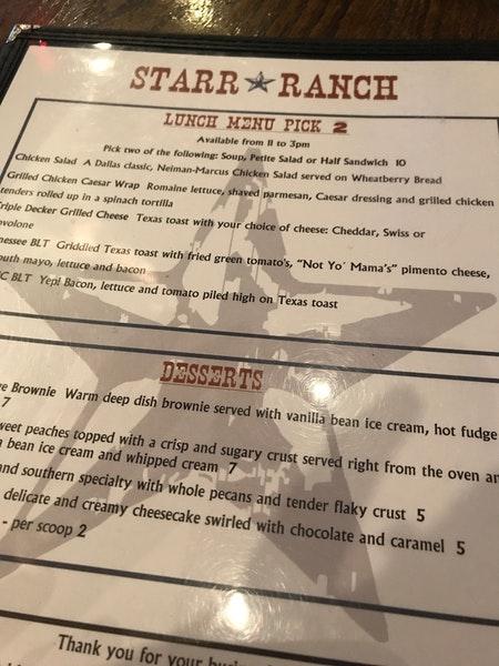 Menu at Starr Ranch steakhouse, Gallatin