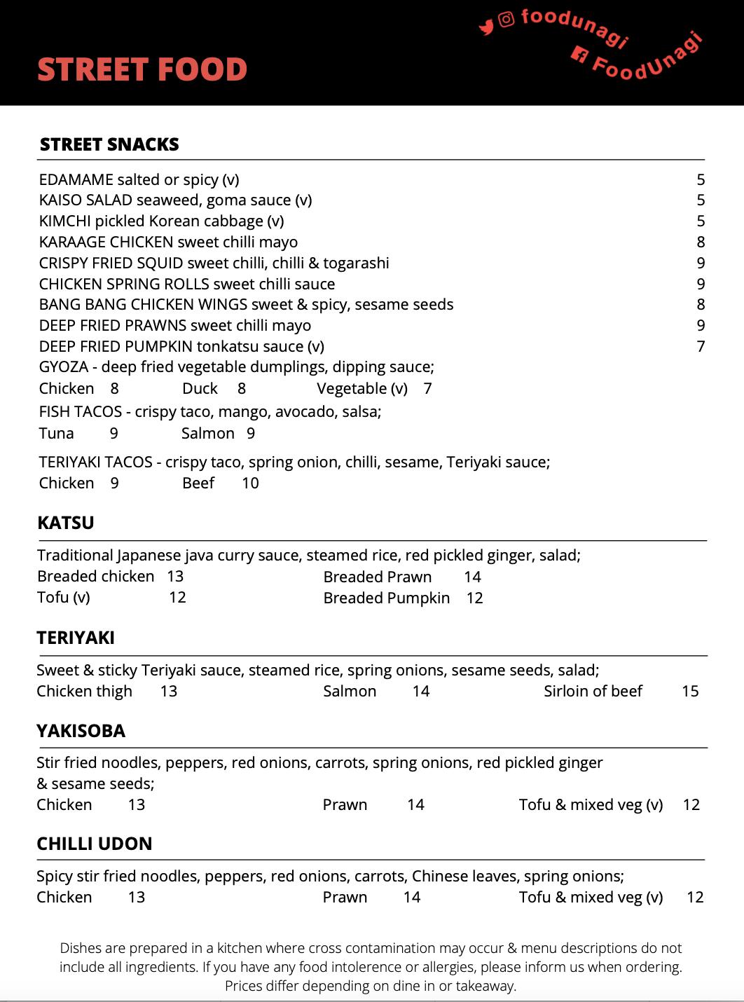 Menu at UNAGI Street Food & Sushi Wilmslow restaurant, Wilmslow