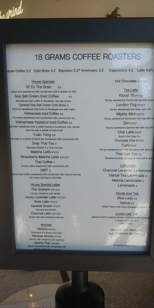 Menu at 18 Grams Coffee Roasters restaurant, Sacramento