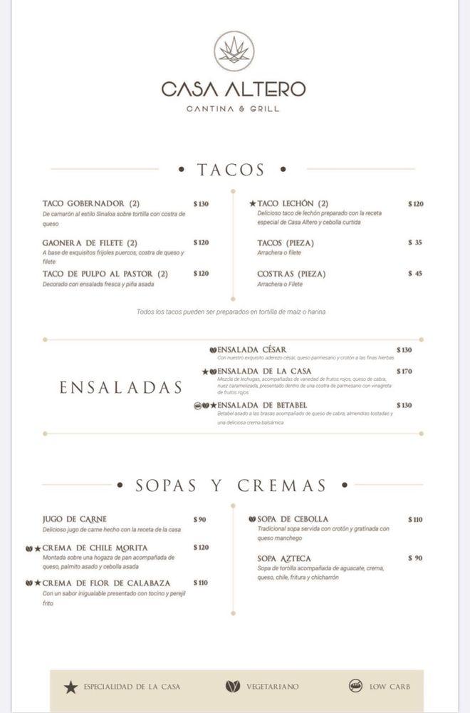 Carta del restaurante Casa Altero, San Luis Potosi