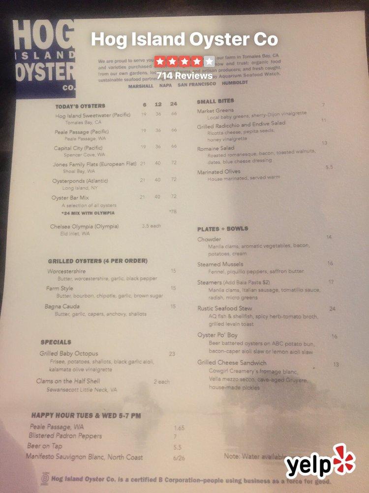 Menu at Hog Island Oyster Co restaurant, Napa