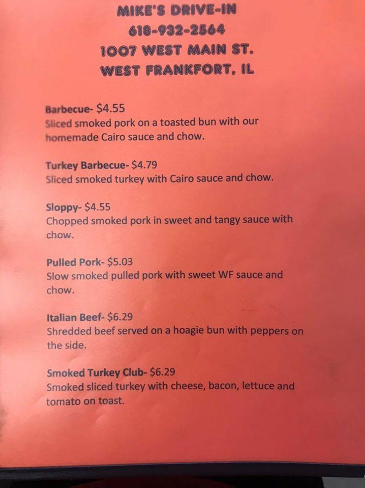 Menu at Mike's Drive-In - Shayki's Big Dipper BBQ, West Frankfort