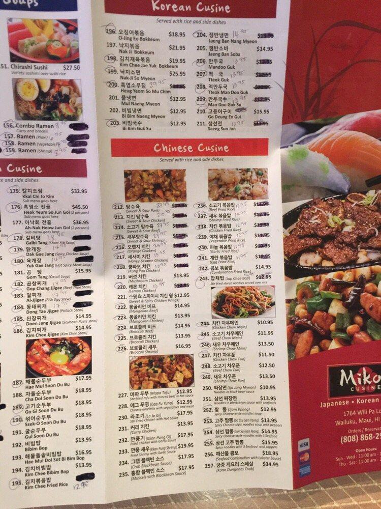 Menu at Miko’s Cuisine restaurant, Wailuku