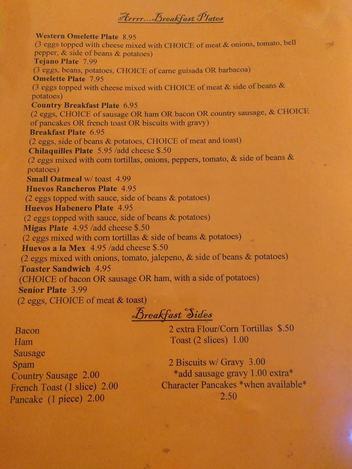 Menu at Pirates Cove Cafe, Lytle