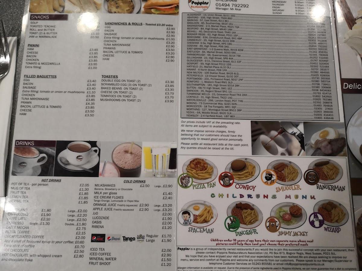 Carta del café Poppins Chesham, Chesham