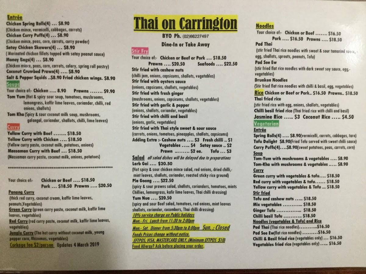 Menu at Thai On Carrington restaurant, Lismore