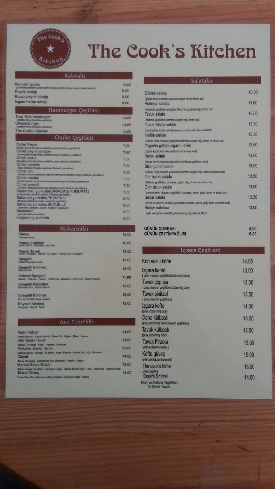 Menu at The Cook's Kitchen, Istanbul