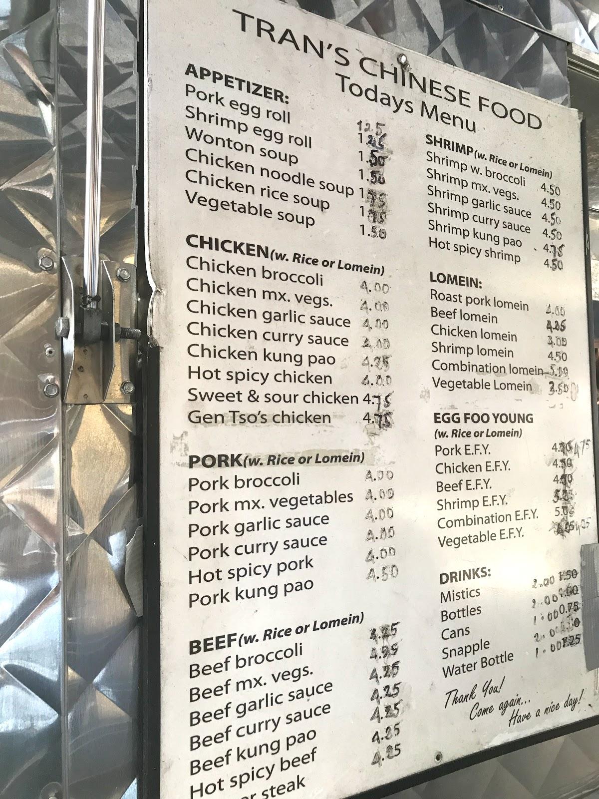 Menu at Tran’s Chinese Food Cart restaurant, Philadelphia