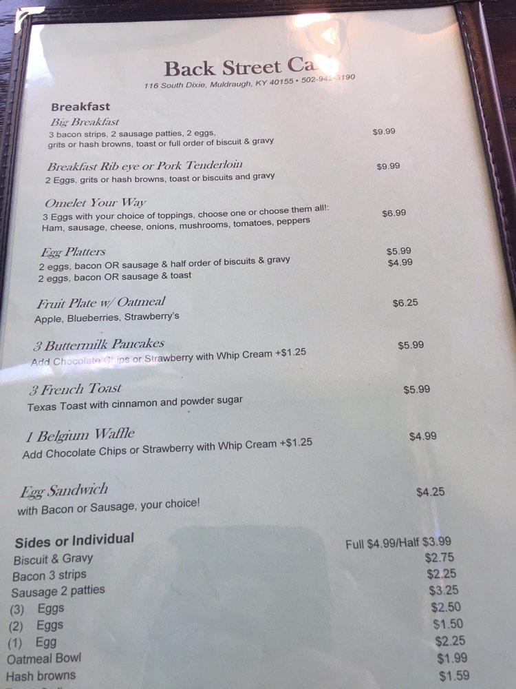 Menu at Backstreet Cafe, Muldraugh