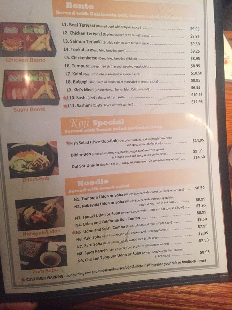 Menu at Koji restaurant, Northville
