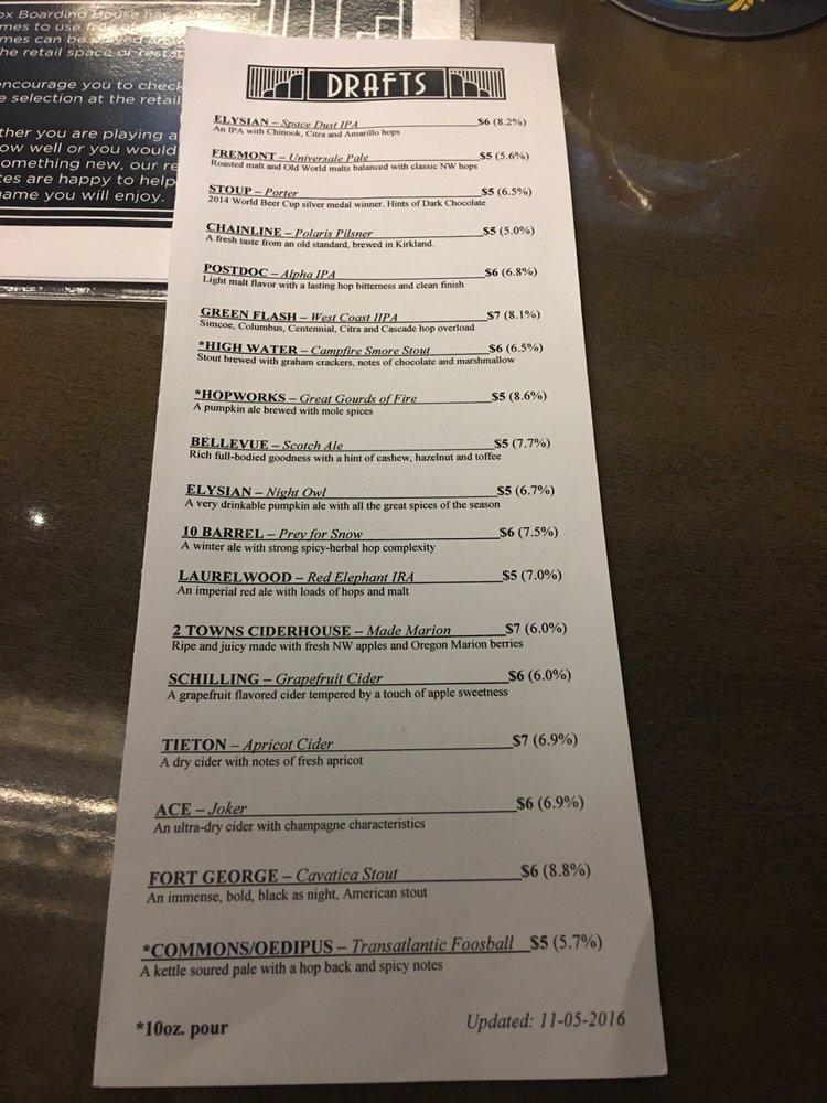 Menu at Mox Boarding House pub & bar, Bellevue, Bel Red Rd
