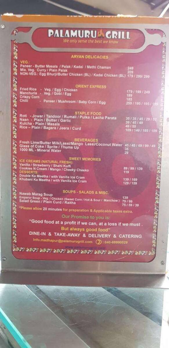 Menu at Palamuru Grill Madhapur, Hyderabad, Opposite Meridian School