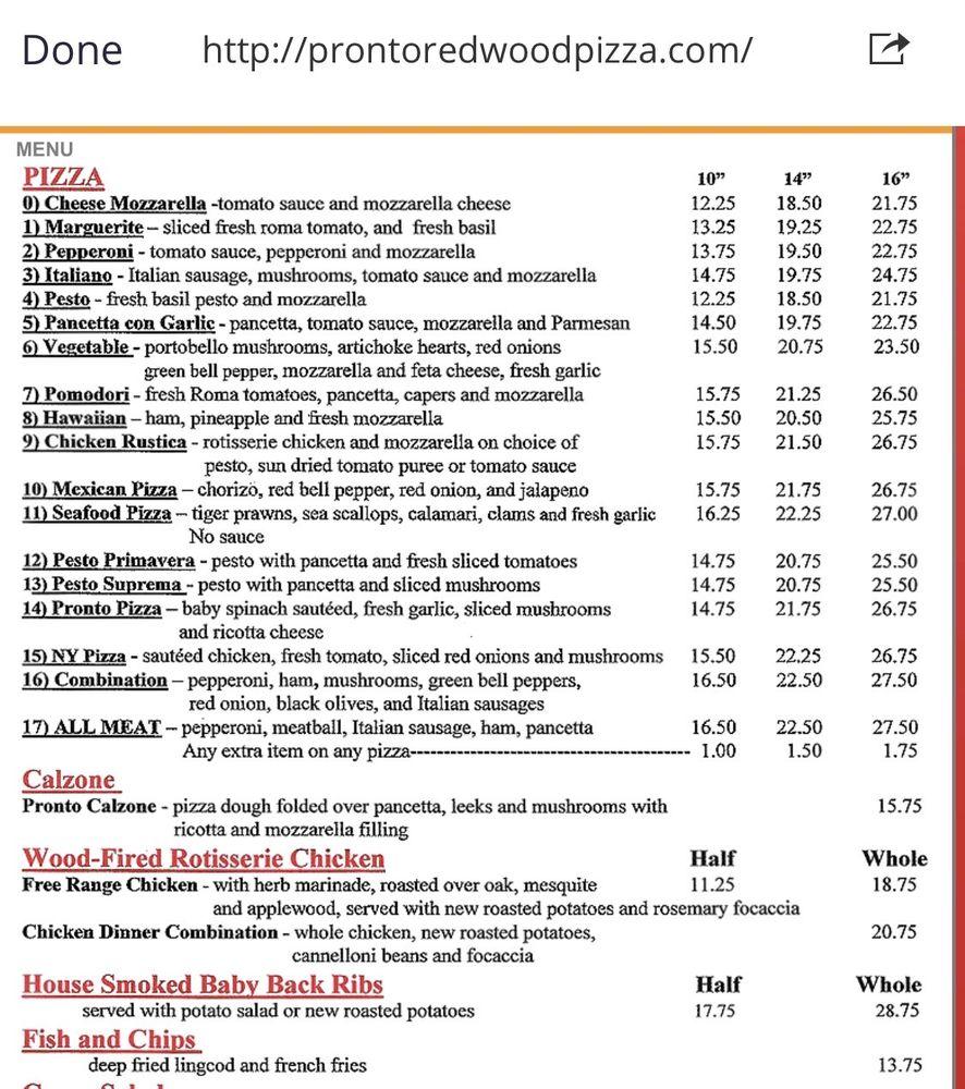 Menu at Pronto Pizza pizzeria, Redwood City