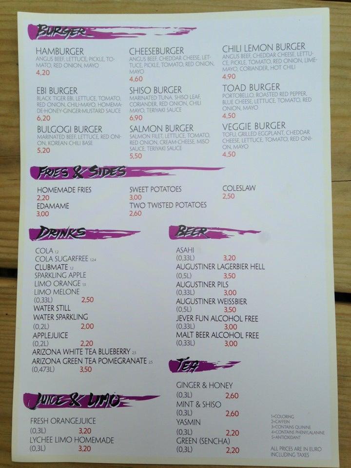 Menu at Shiso Burger restaurant, Berlin, Auguststraße 29C