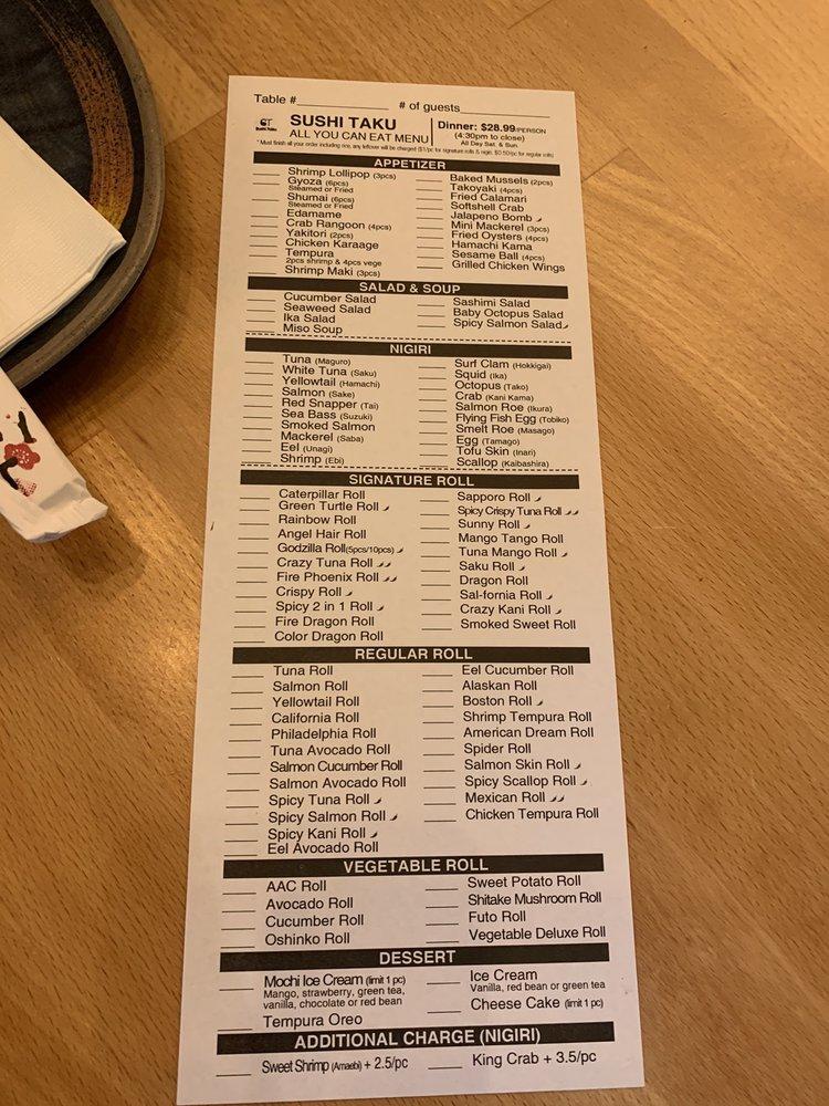 Menu at Sushi Taku-Logan Square restaurant, Chicago