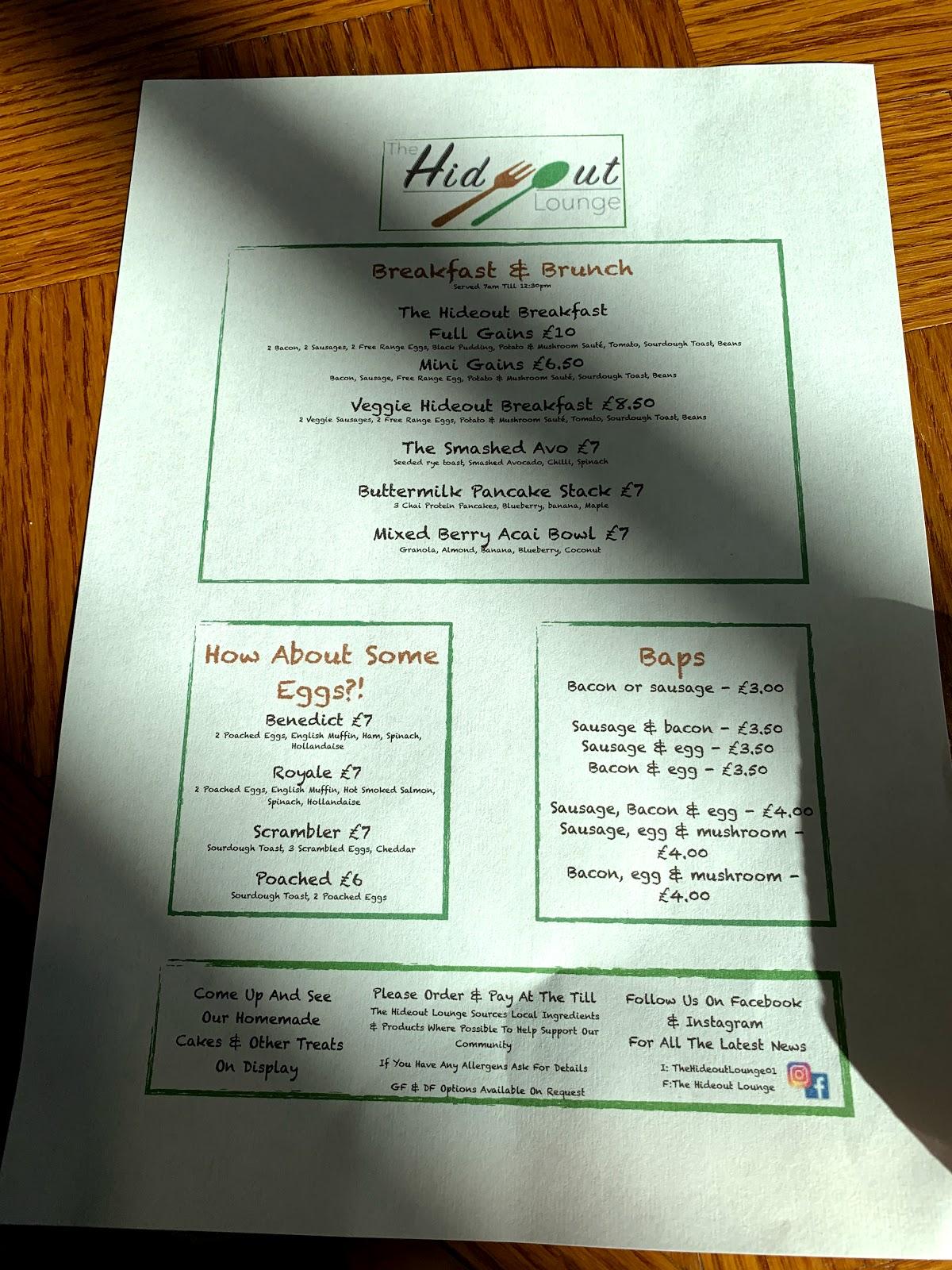Carta del café The Hideout Lounge, Thornbury