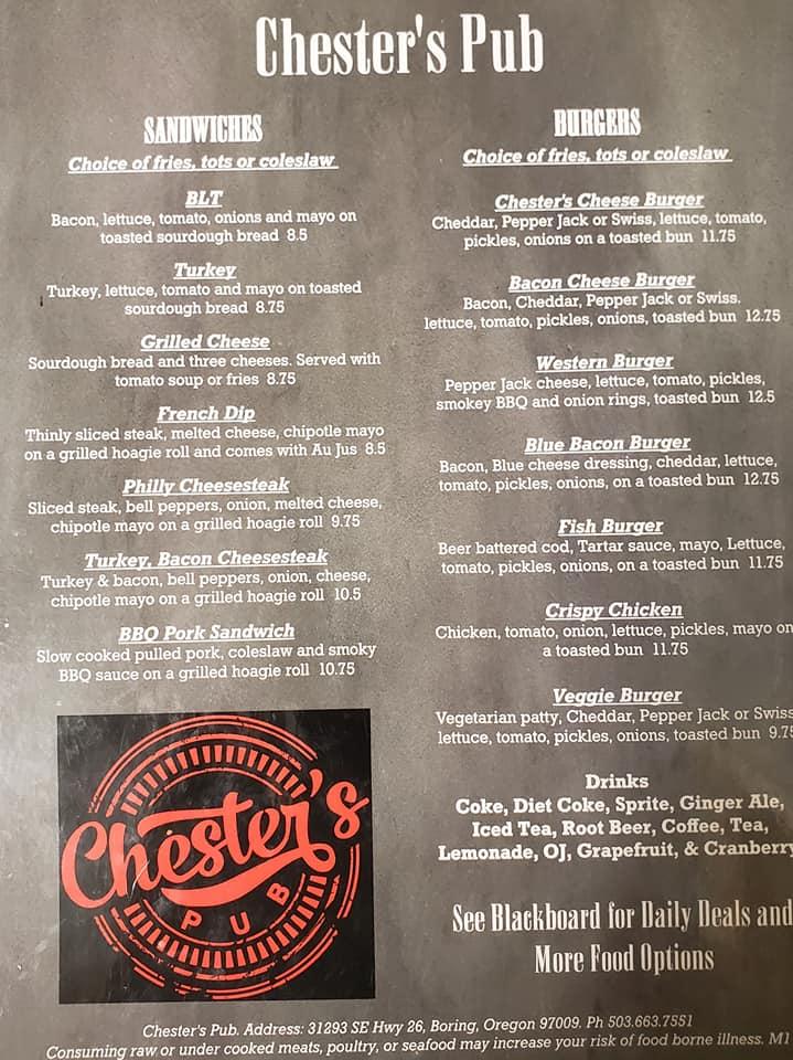 Menu at Chester's Pub, Boring
