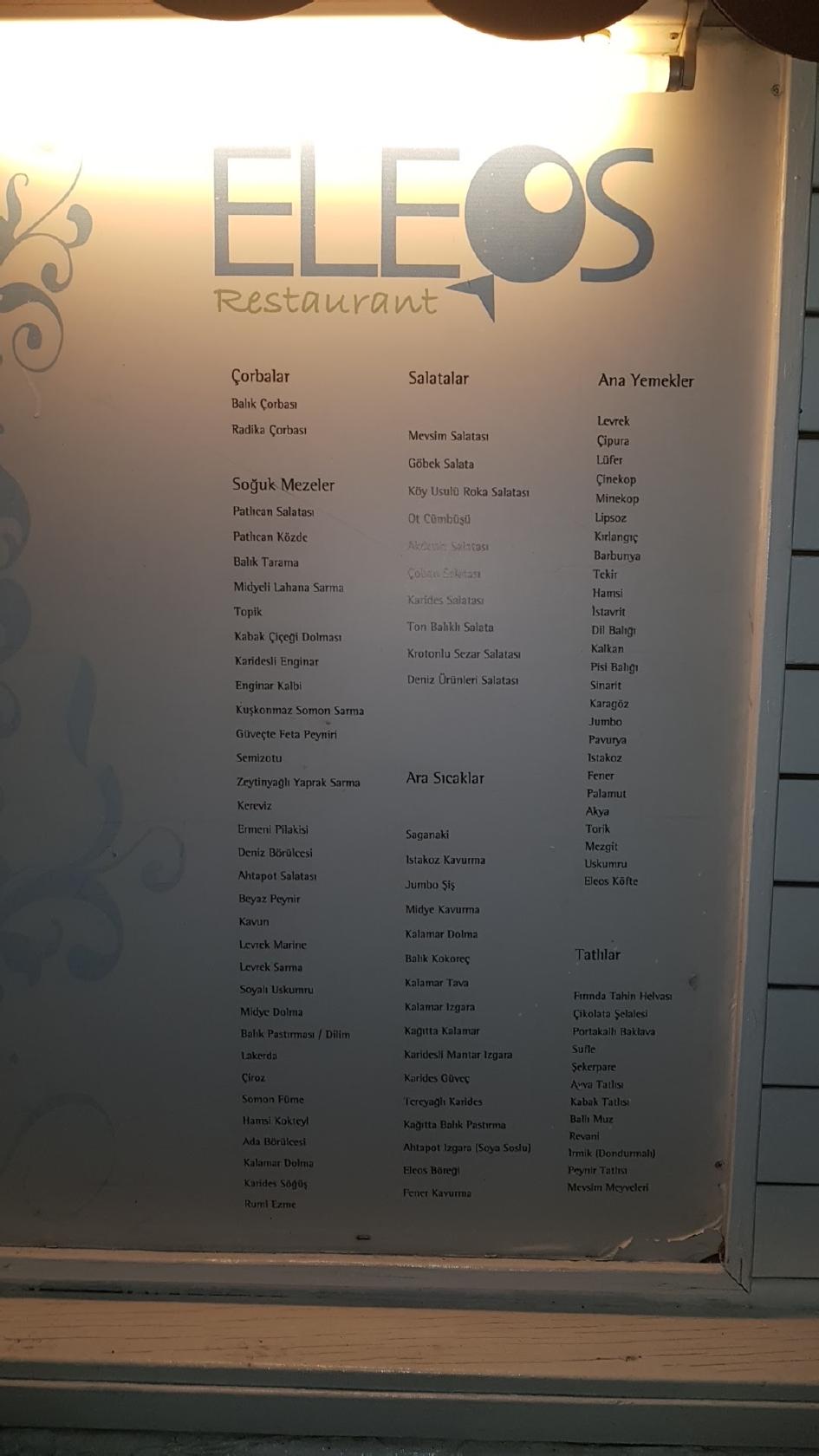 Carta de Eleos Restaurant, Estambul, Yeşilbahçe Sk. No:7