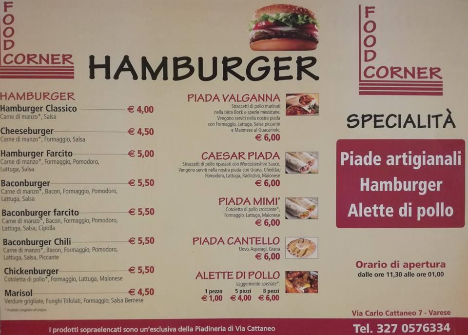 Menu at Food Corner restaurant, Varese, Via Carlo Cattaneo