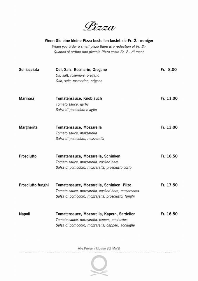 Menu at Panorama, Saint Moritz, Via Somplaz 59