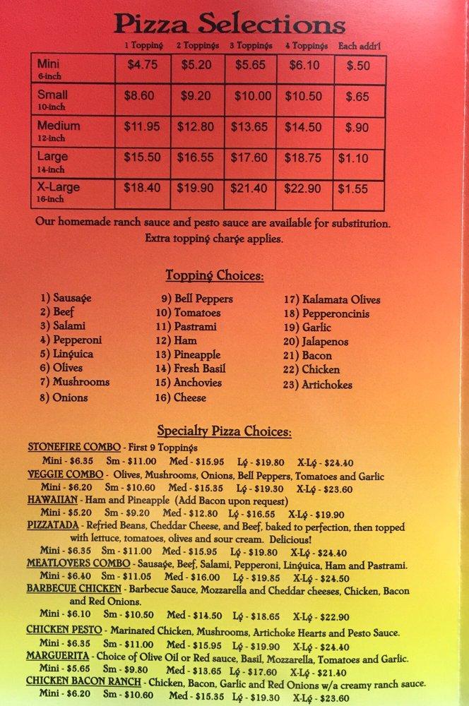 Menu at Stone Fire Pizza pizzeria, Clearlake
