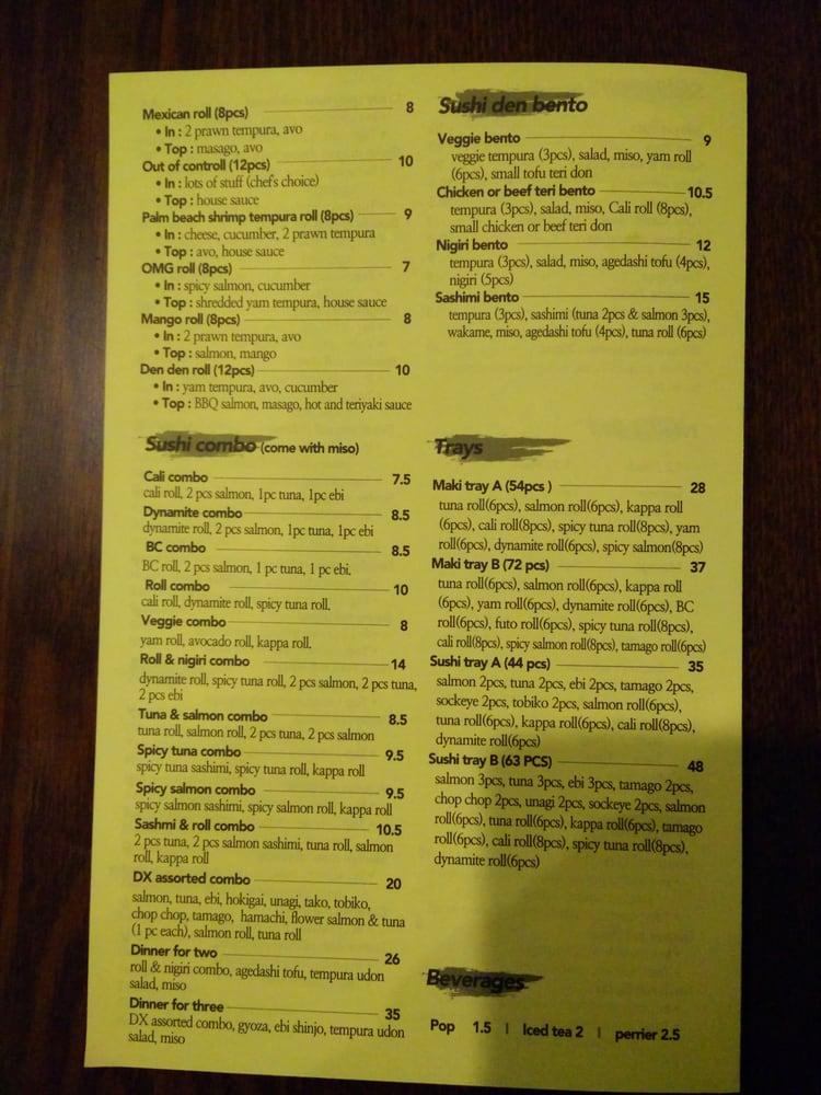 Menu at Sushi Den restaurant, Vancouver