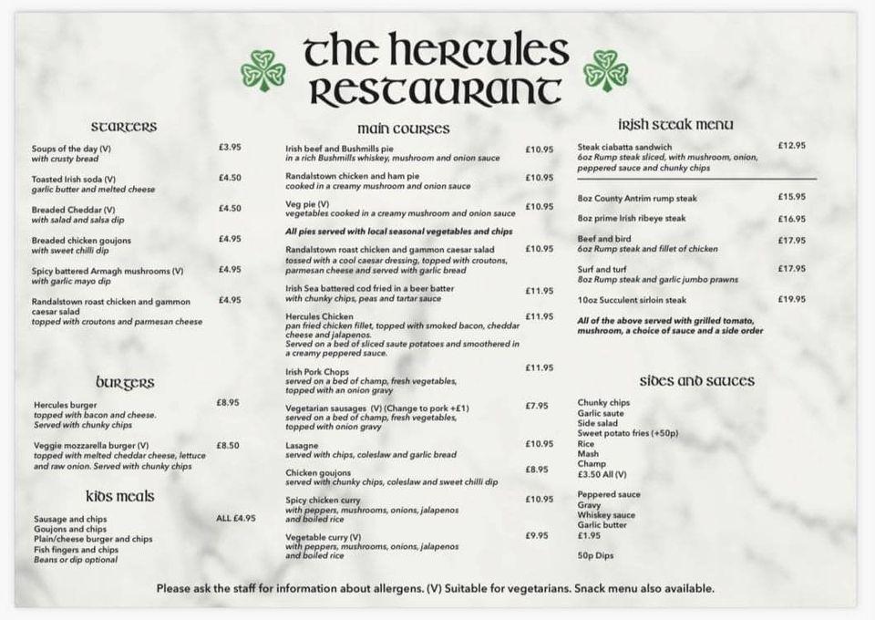 Menu at The Hercules Bar, Belfast