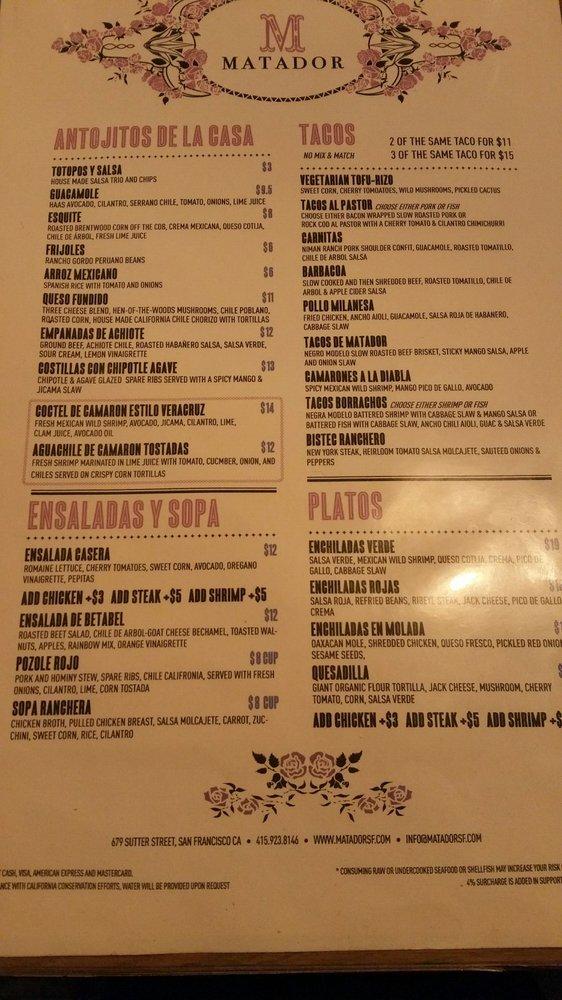 Menu at Matador pub & bar, San Francisco, 679 Sutter St