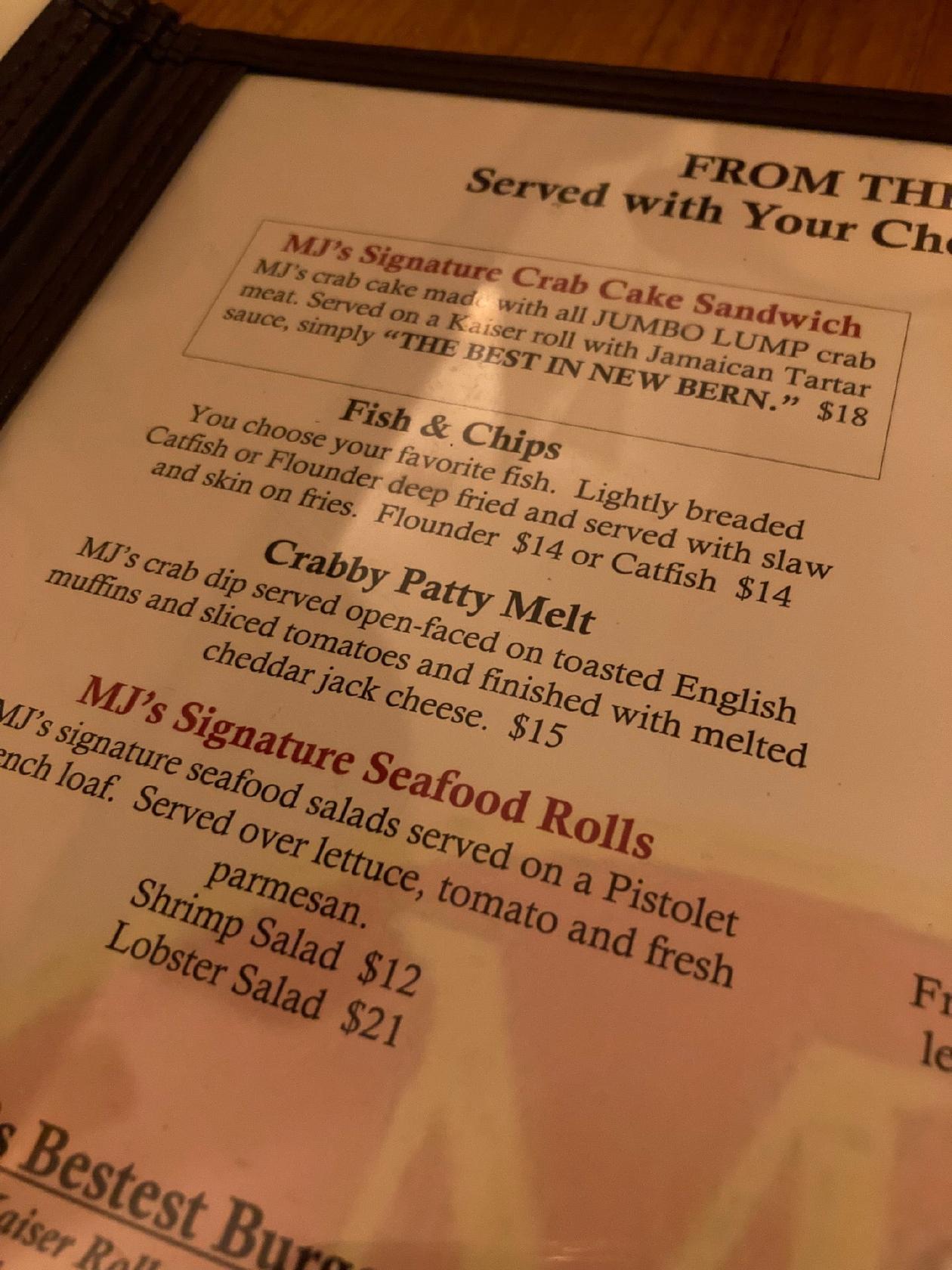 Menu at Mj's Raw Bar and Grille, New Bern