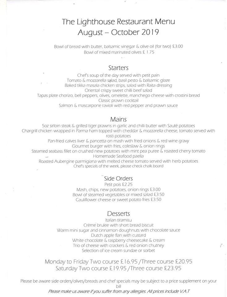 Carta de The Oysterfleet Hotel, Restaurant & Bar, Canvey Island