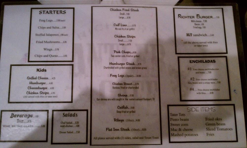 Menu at Richter's Antler Cafe, Spring Branch