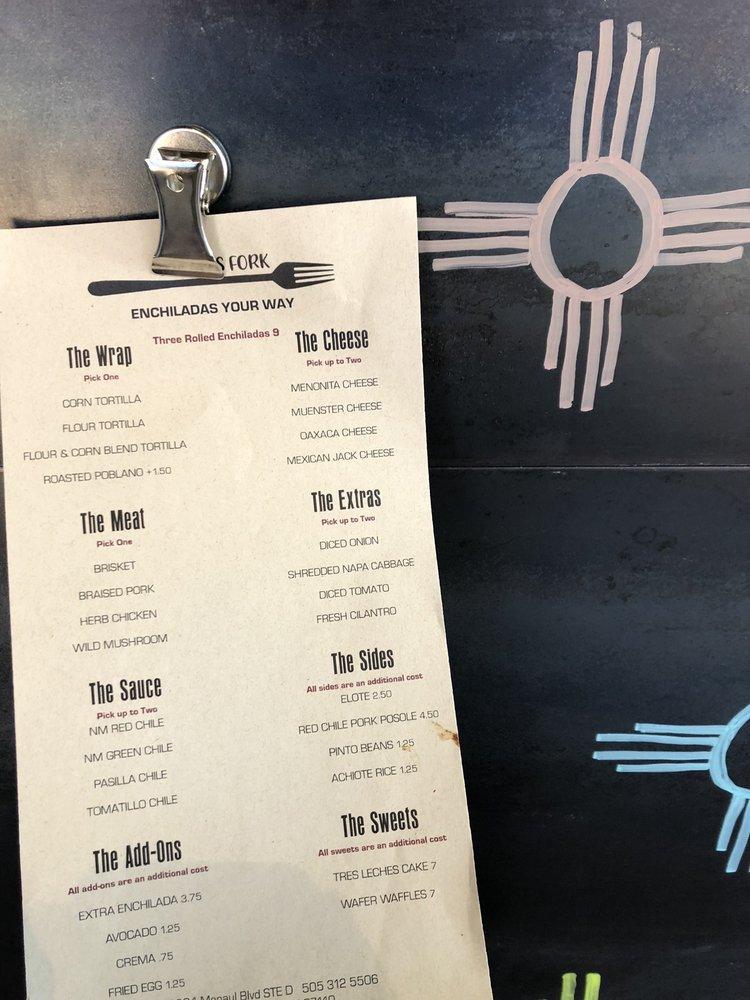 Menu at The Jealous Fork restaurant, Albuquerque