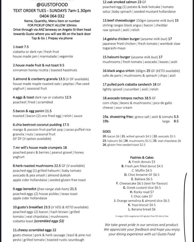 Menu at Gusto Food restaurant, South Perth