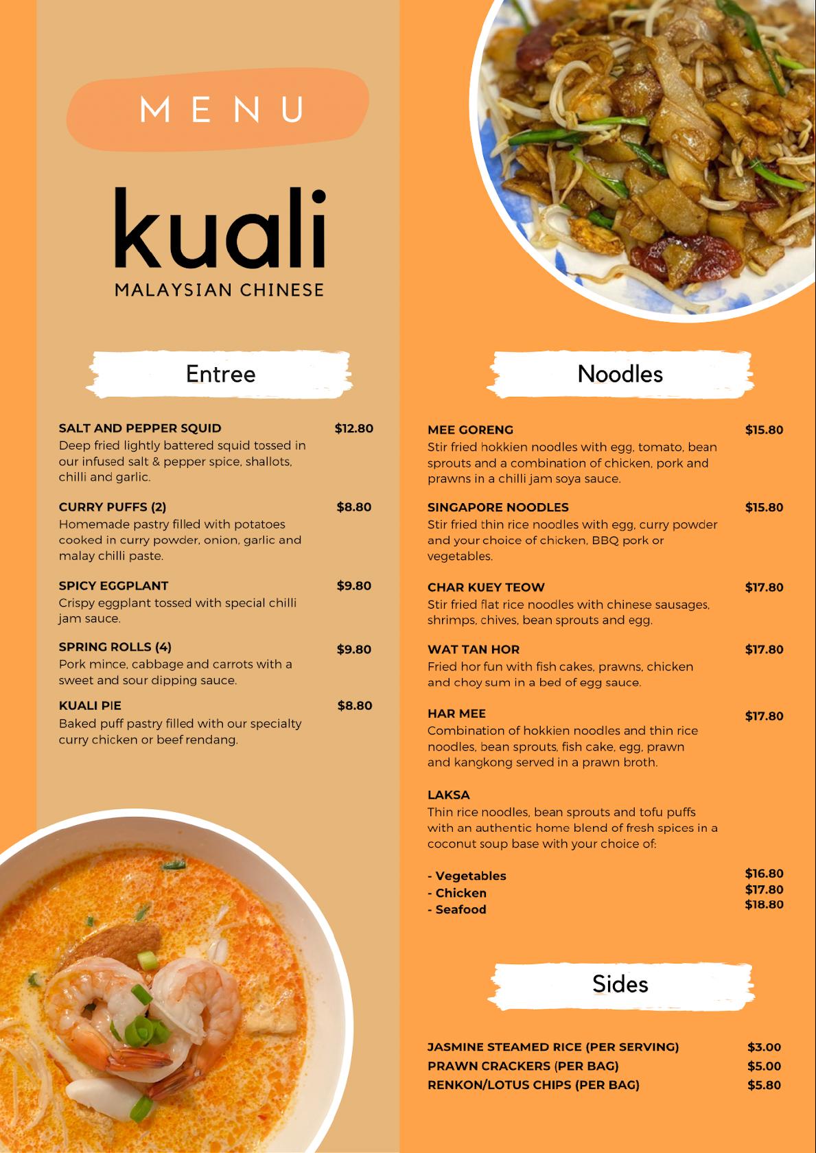 Menu at Kuali Malaysian Chinese restaurant, Baulkham Hills