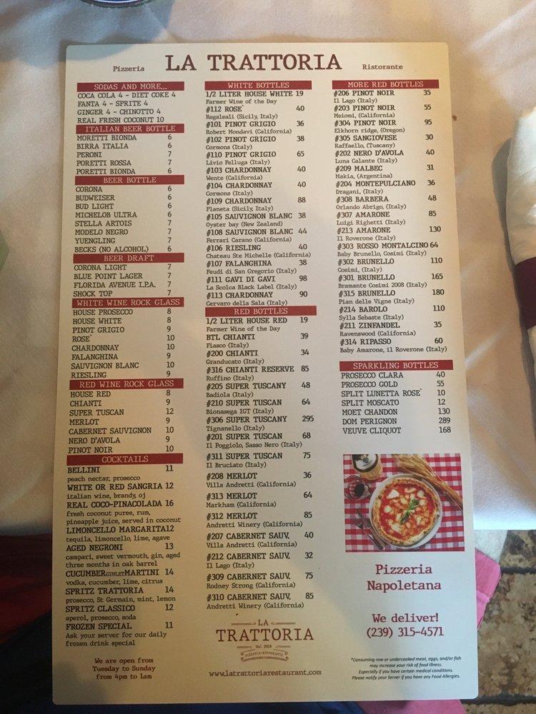 Menu at La Trattoria pizzeria, Naples