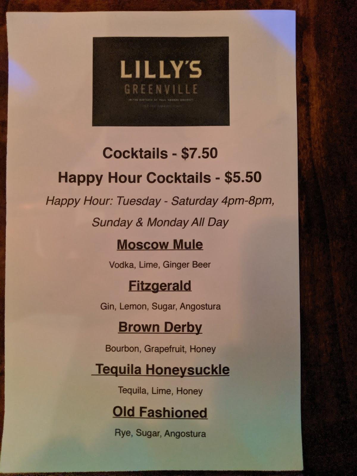 Menu at Lilly’s Greenville pub & bar, San Antonio