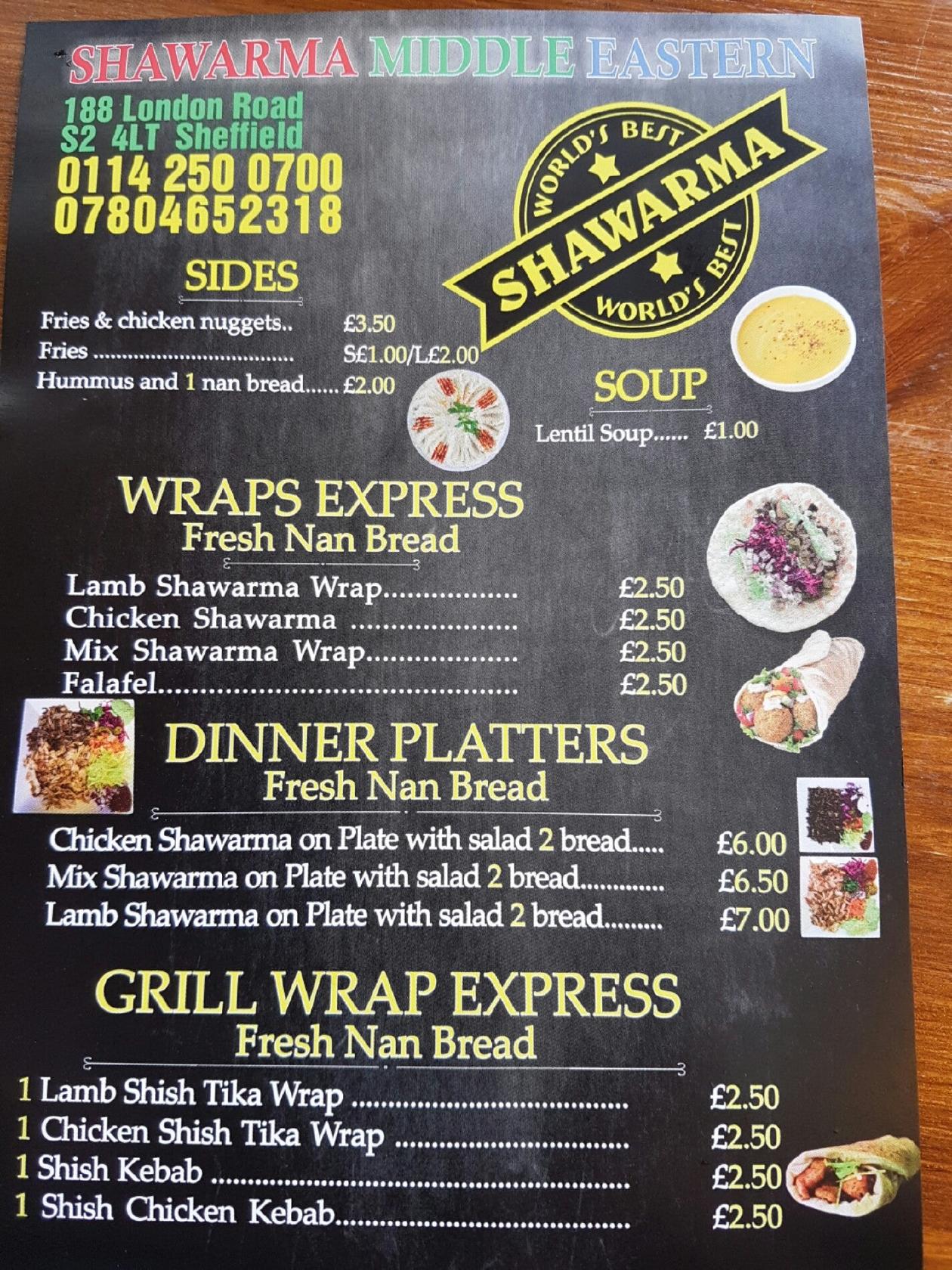 Menu at Middle Eastern Shawarma restaurant, Sheffield