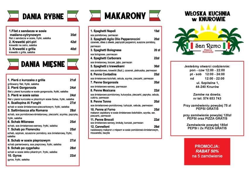 Menu at Restauracja i Pizzeria - San Remo, Knurów