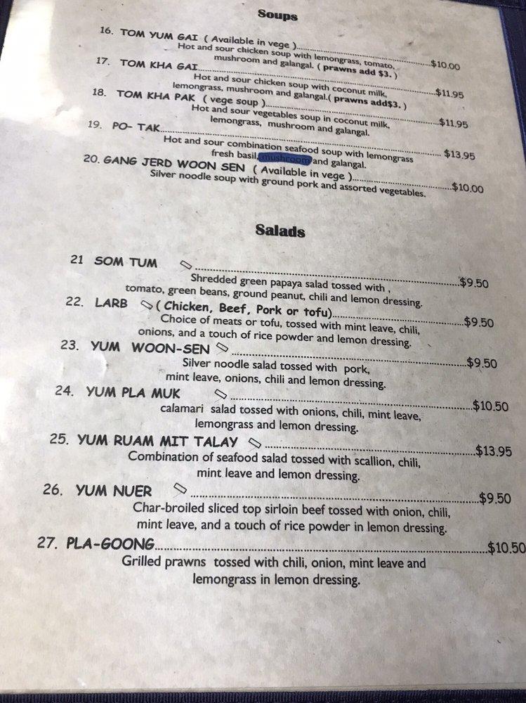 Menu at Thai Spice restaurant, Pinole