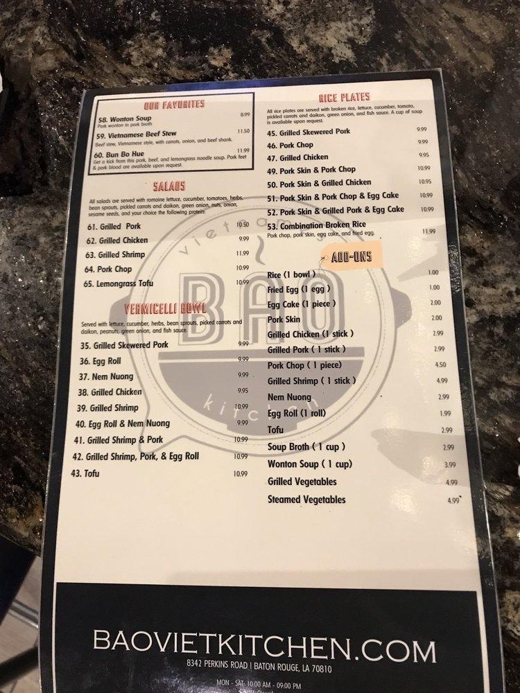 Menu at Bao Vietnamese Kitchen restaurant, Baton Rouge