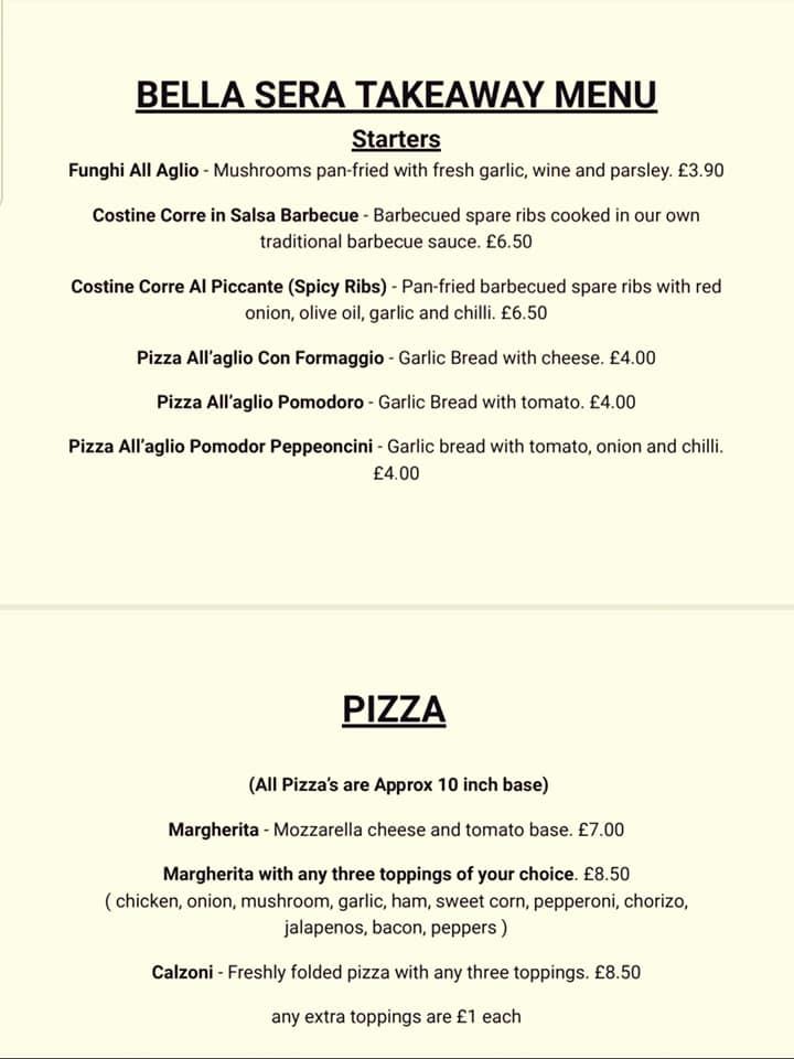 Menu at Bella Sera restaurant, Heywood, 13-15 Rochdale Road East