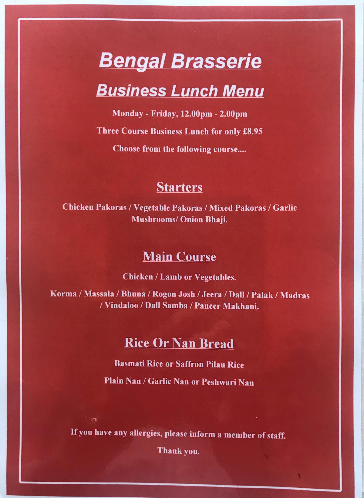 Menu at Bengal Brasserie Buckie restaurant, Buckie