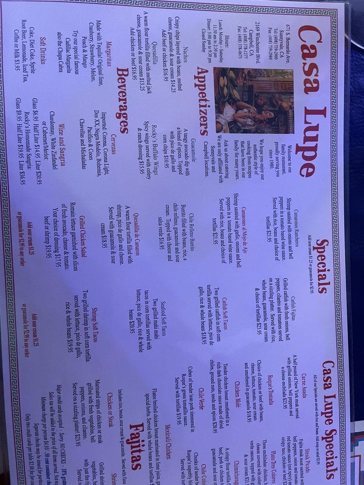 Menu at Casa Lupe restaurant, Sunnyvale