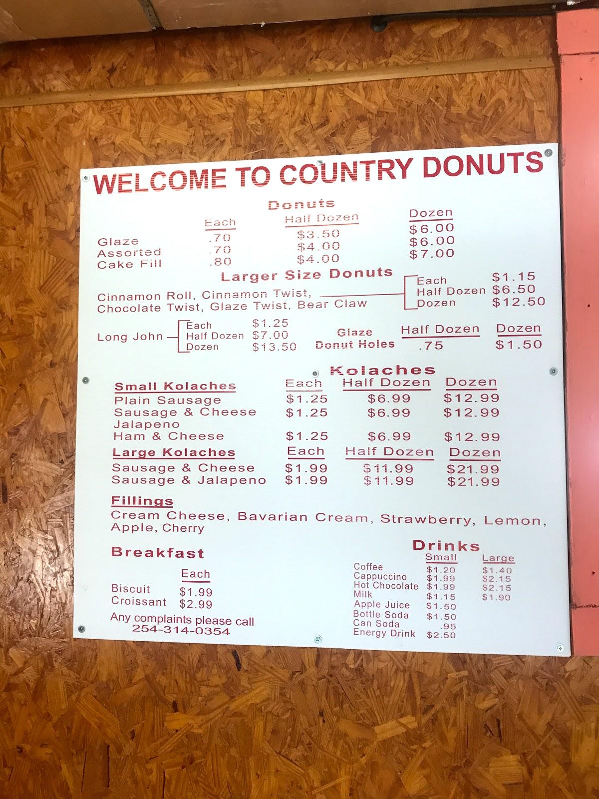 Menu at Country Donuts & Kolaches restaurant, Belton, 606 E Avenue O