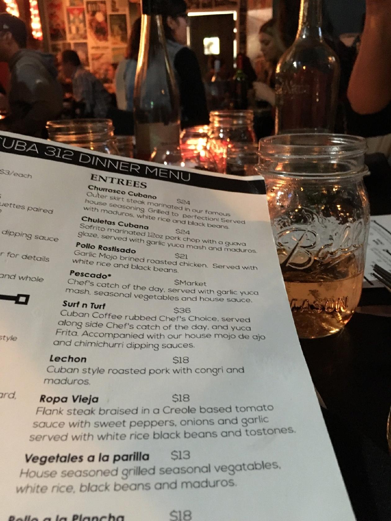 Menu at Cuba 312 restaurant, Chicago