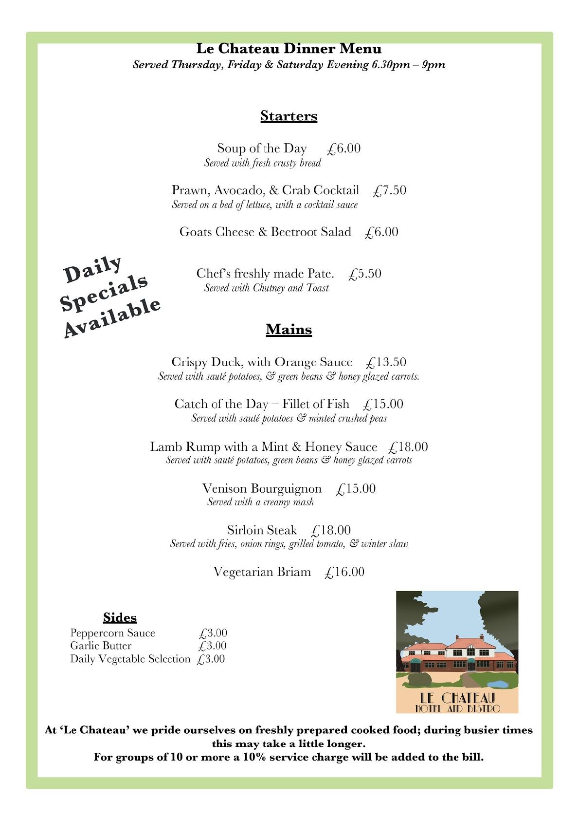 Menu at Le Chateau Cadnam restaurant, Copythorne