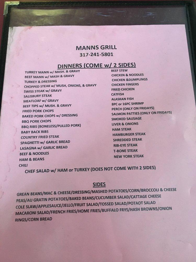 Menu at Mann's Grill restaurant, Indianapolis