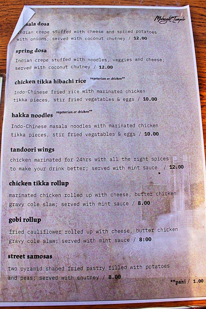 Menu at Midnight Temple restaurant, Detroit