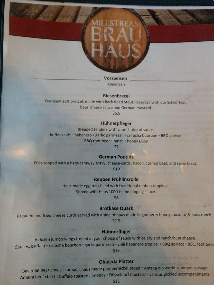 Menu at Millstream Brau Haus restaurant, Amana
